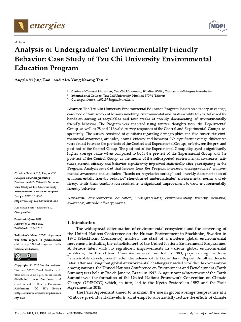Analysis of Undergraduates’ Environmentally Friendly Behavior: Case ...