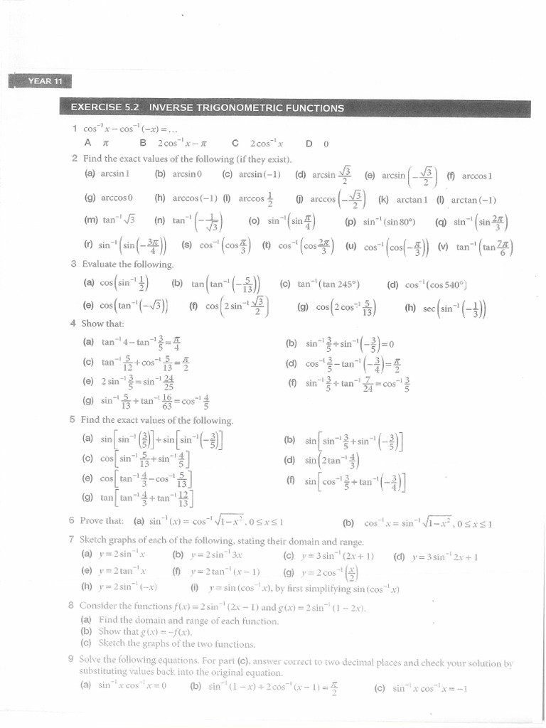 Inverse Trig Worksheet | PDF