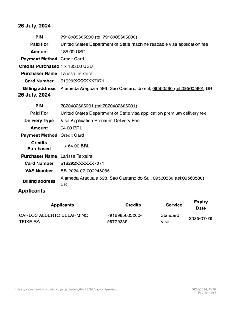 US Visa Application Payment Receipt | PDF