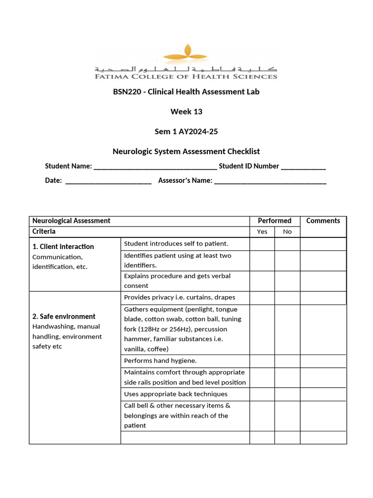 BSN220 CHA Lab Neurological Assessment Checklist Student | PDF ...