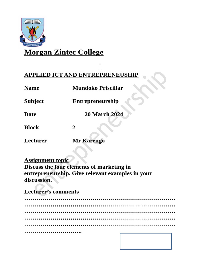 Entrepreneurship Assignment | PDF | Marketing | Pricing