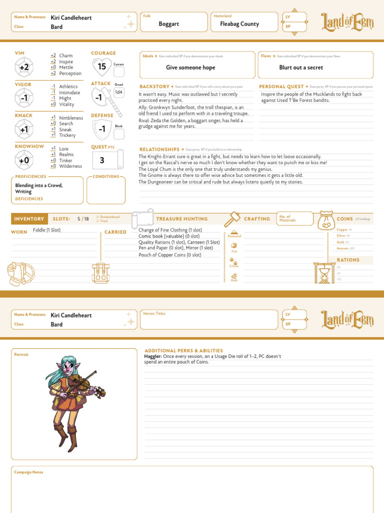 Land of Eem Quickstart Character Sheets | PDF