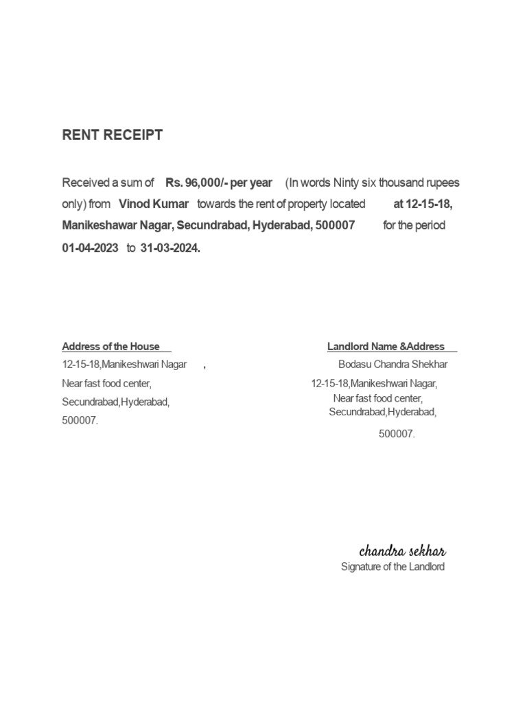 Rent Receipt for 96,000 Rupees | PDF
