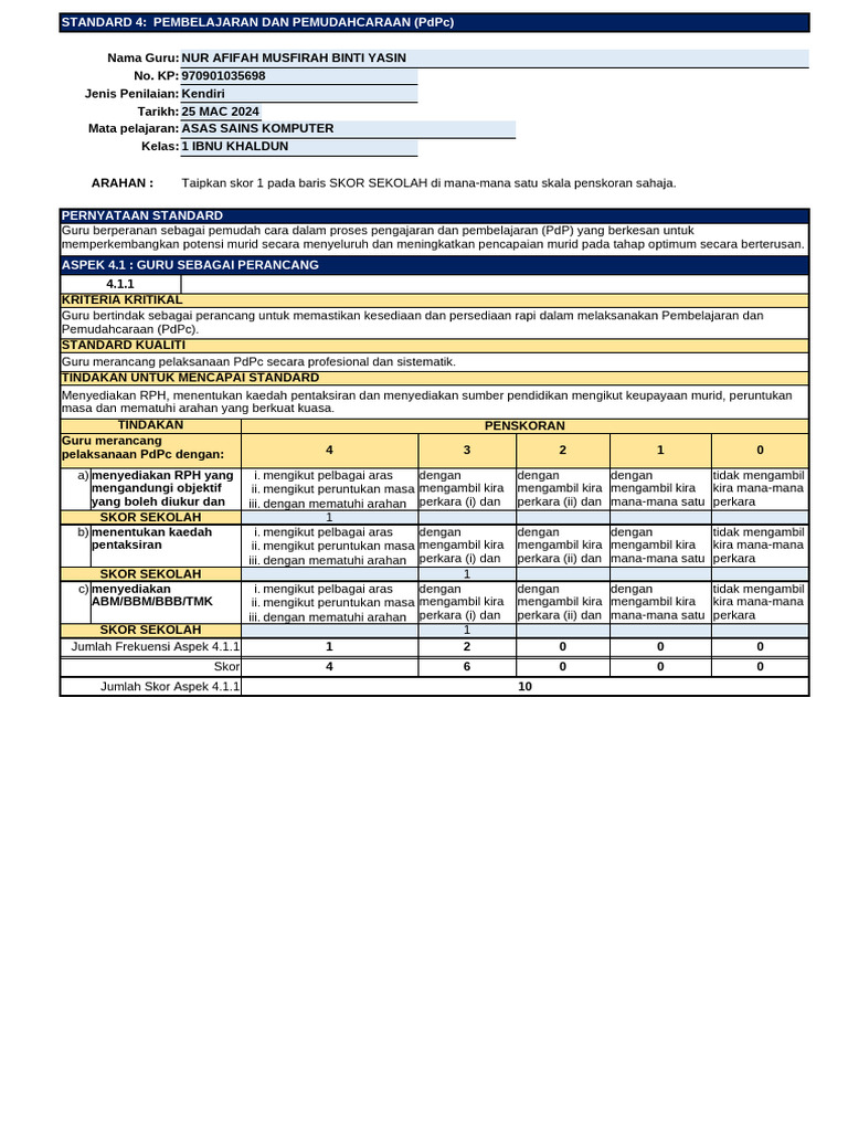 Borang Penilaian Kendiri s4 Msa Mac 2024-1 Afifah | PDF