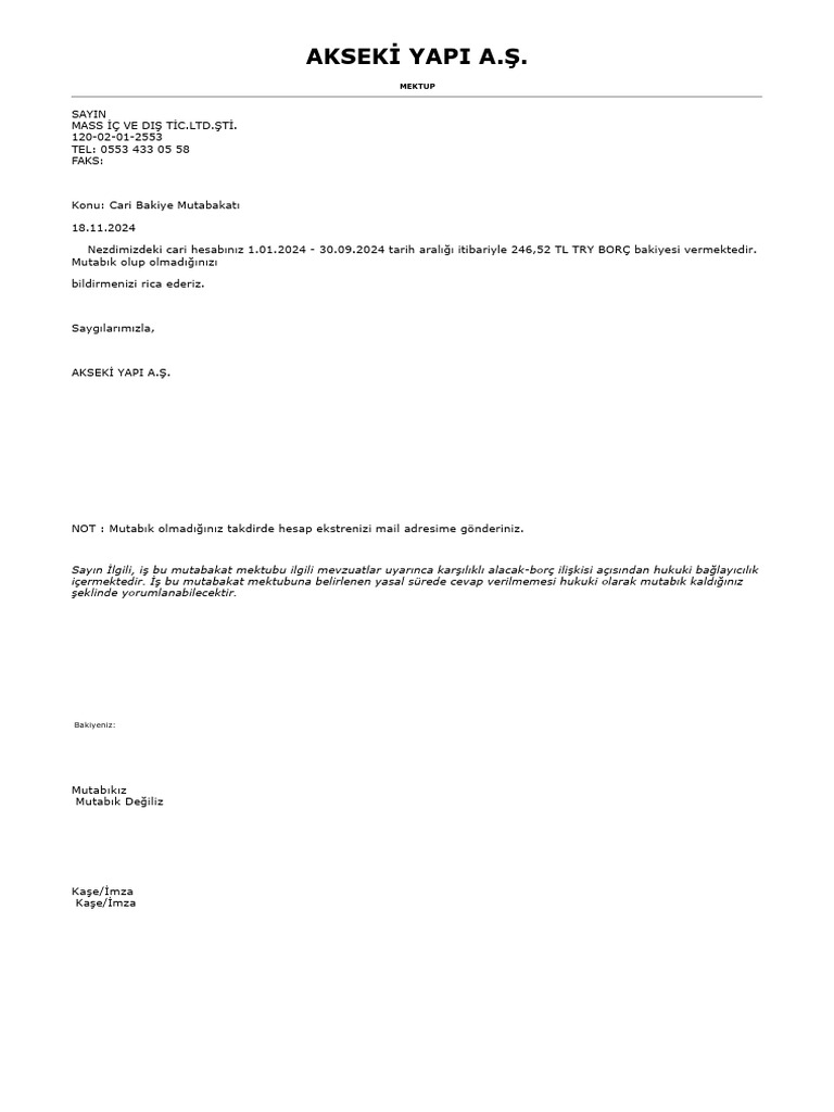 Mutabakat Mektubu AKSEKI YAPI A.S. | PDF