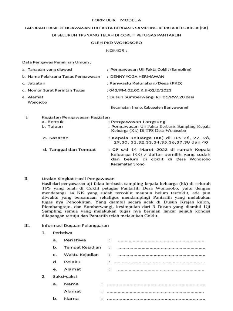 FORM A PENGAWASAN UJI FAKTA COKLIT SAMPLING WONOSOBO 2023 TAHAP 4 | PDF