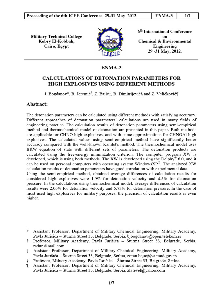 Calculations of Detonation Parameters | PDF | Gases | Chemistry