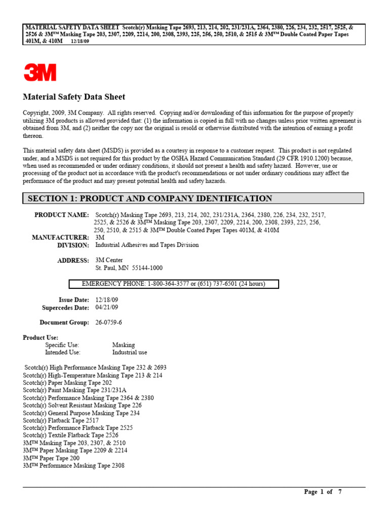 3M_Masking_Tape_MSDS | PDF | Personal Protective Equipment | Water