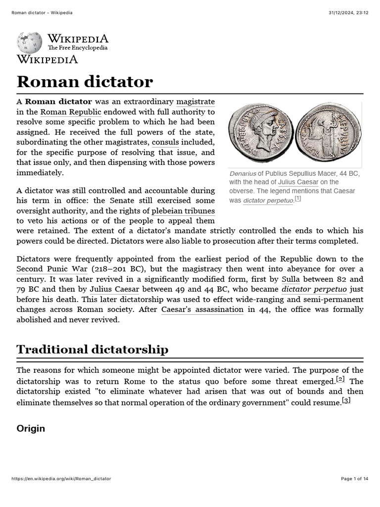 Roman dictator | PDF | Ancient Rome | Roman Law