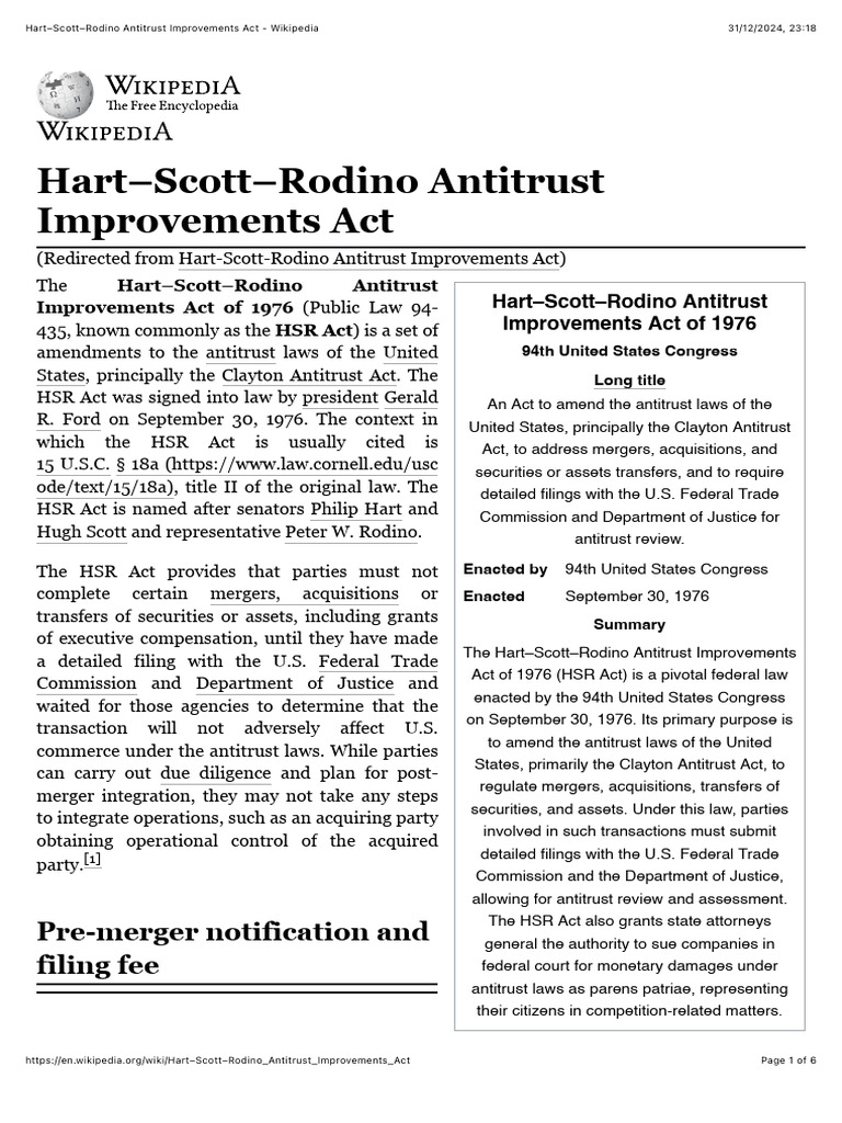 Hart-Scott-Rodino Antitrust Improvements Act | PDF | Business Law | Justice