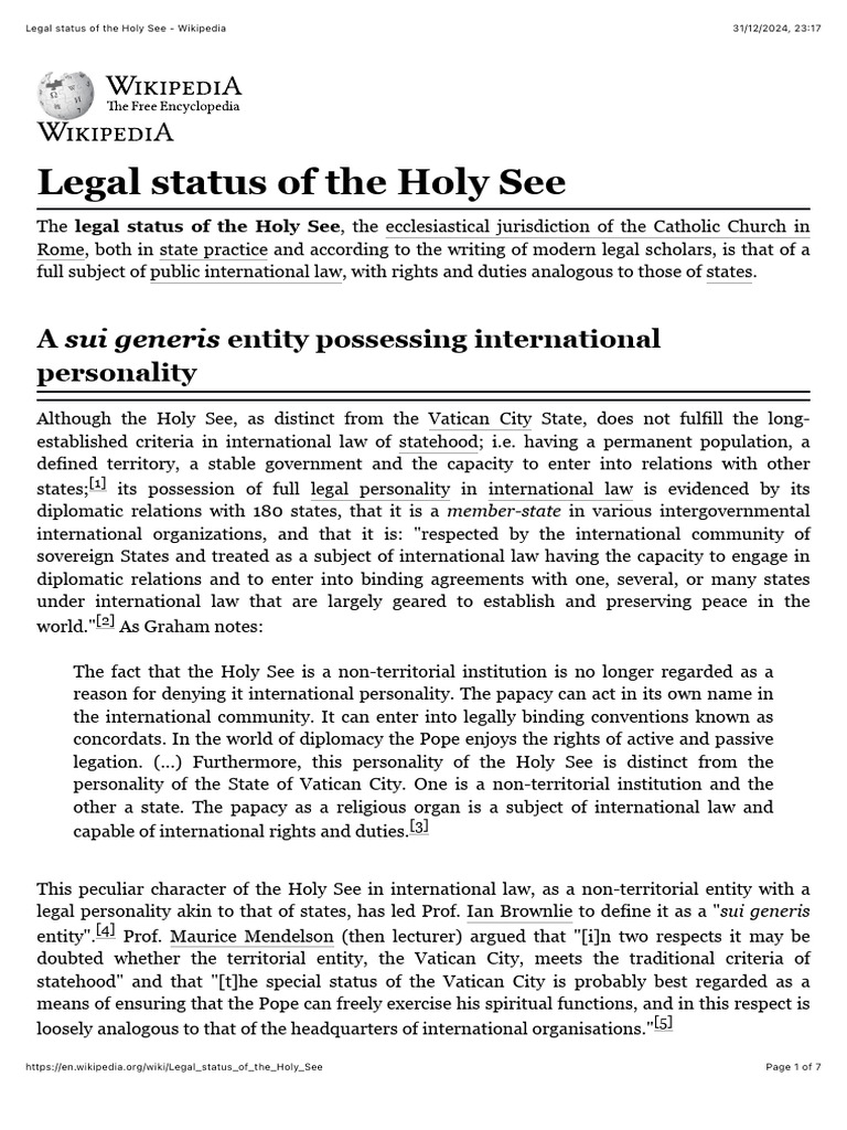 Legal Status of The Holy See | PDF | Holy See | Justice