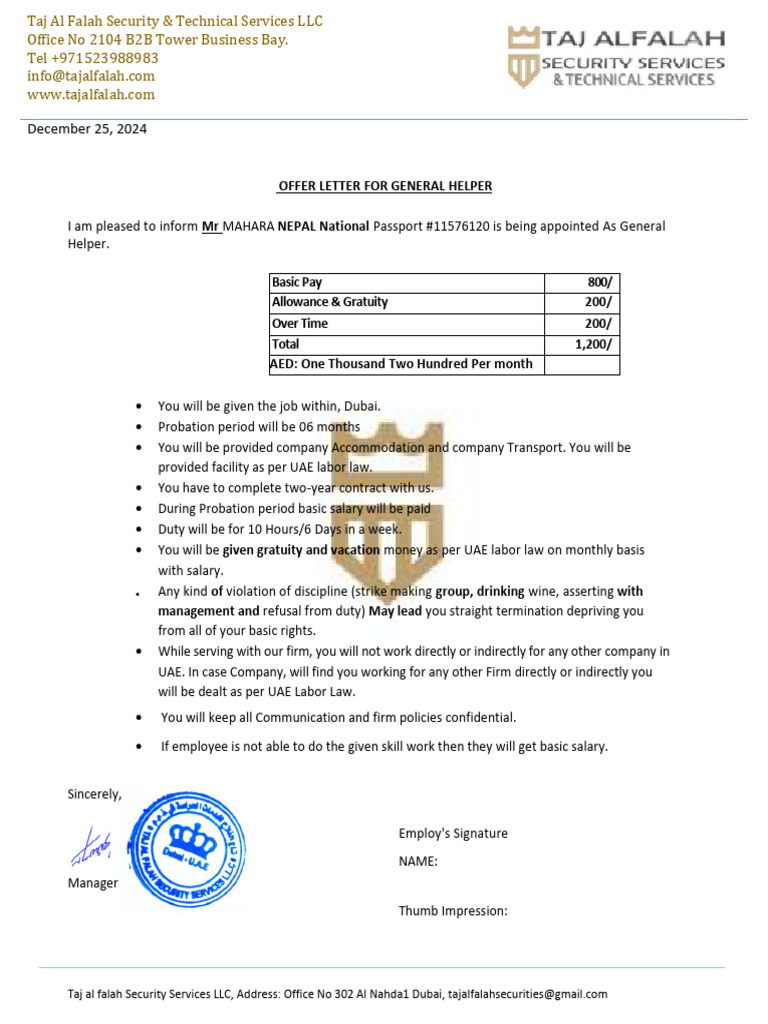 Technical Taj Offer Letter MAHARA | PDF | Salary | Labour Law