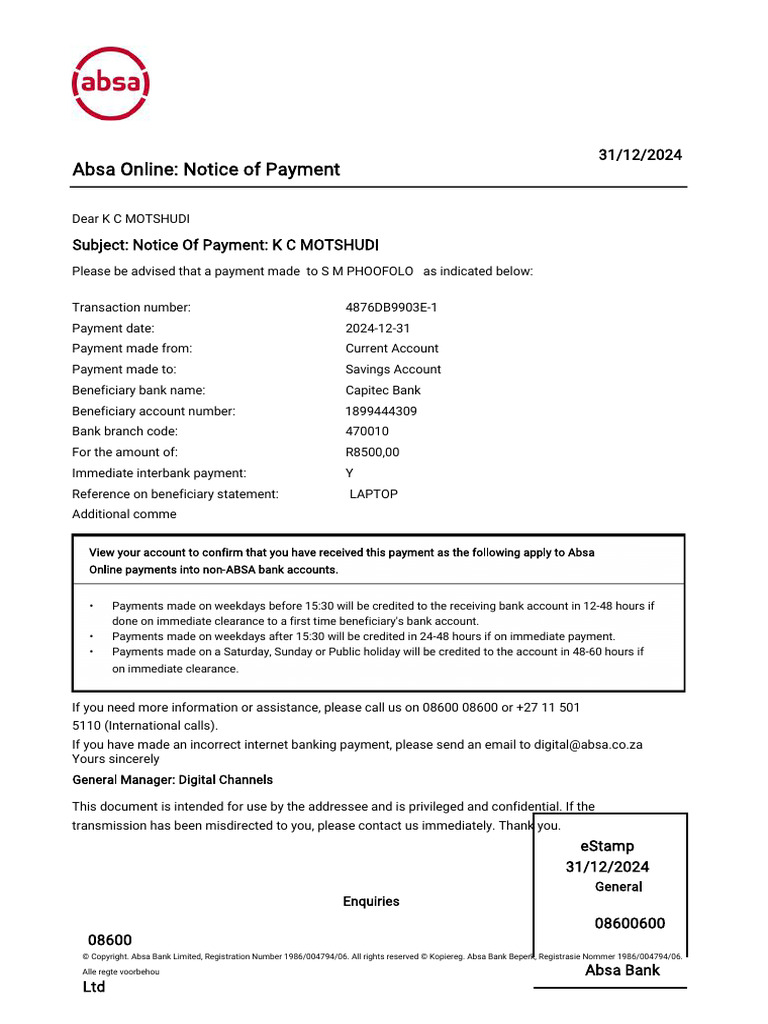 AbsaConfirmationOfPayment31-12-2024 | PDF | Money | Personal Finance