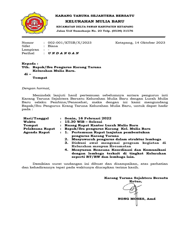 Undangan Rapat Karang Taruna | PDF
