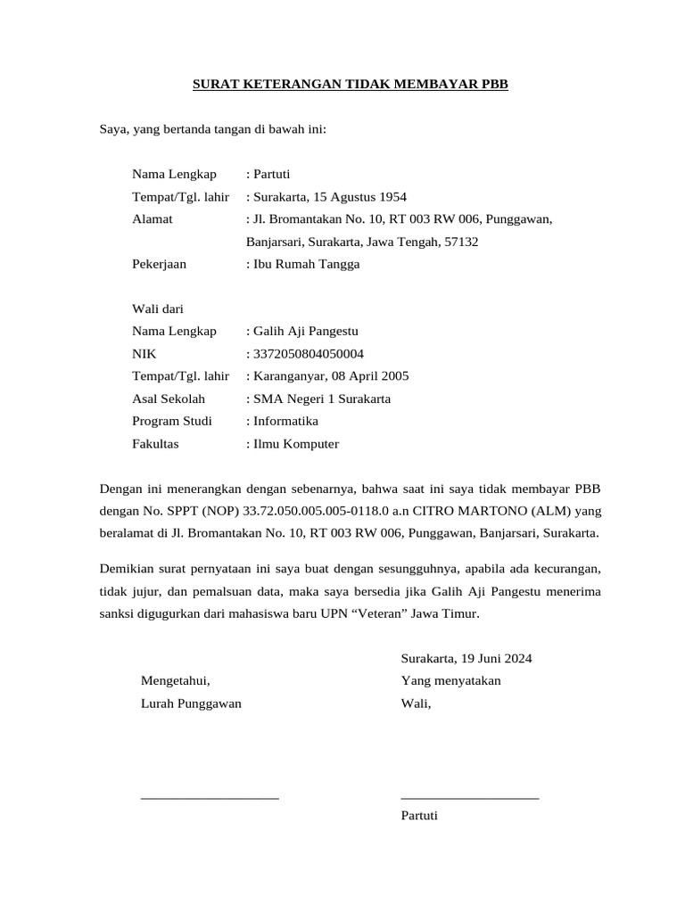 Surat Keterangan Tidak Membayar PBB | PDF
