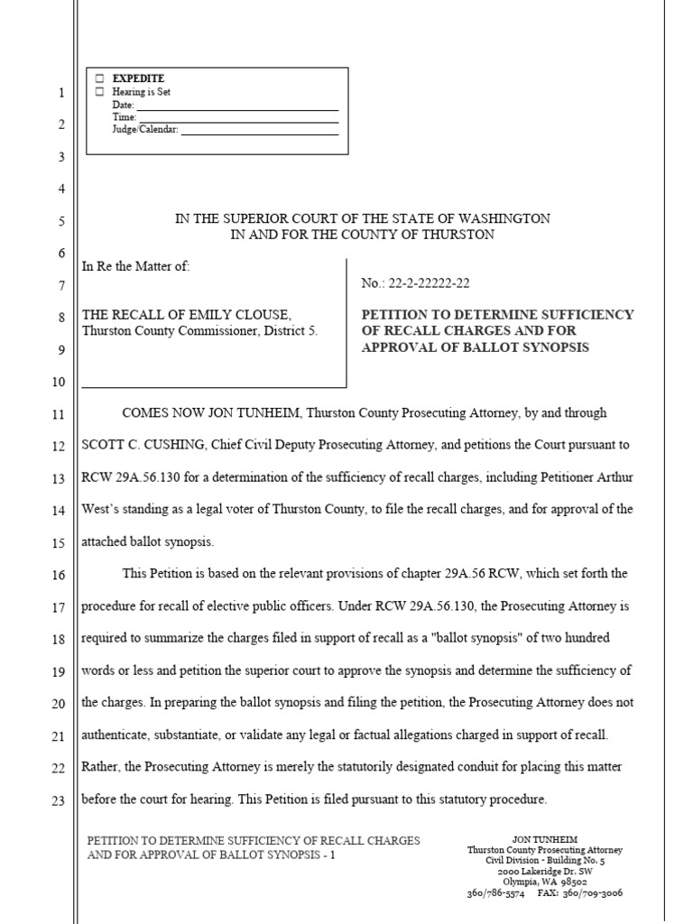 Thurston County Commissioner Clouse Ballot Synopsis and Recall Petition ...