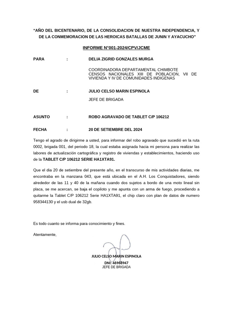 informe por robo de tablet | PDF