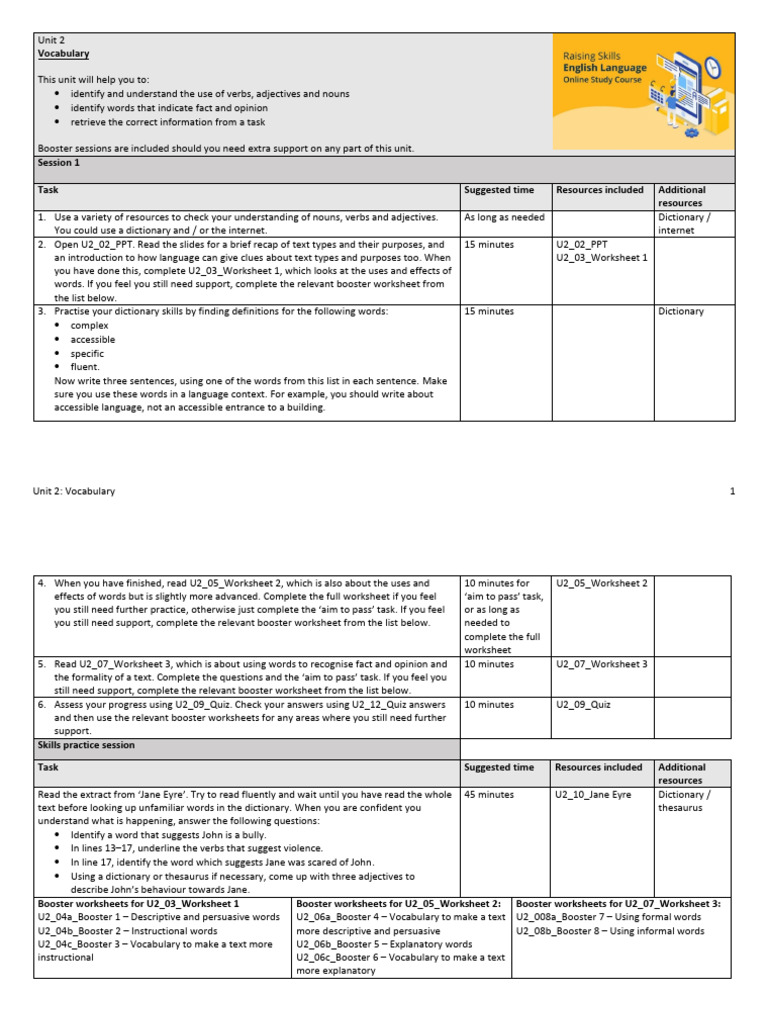U2_01_SOW | PDF | Word | Adjective
