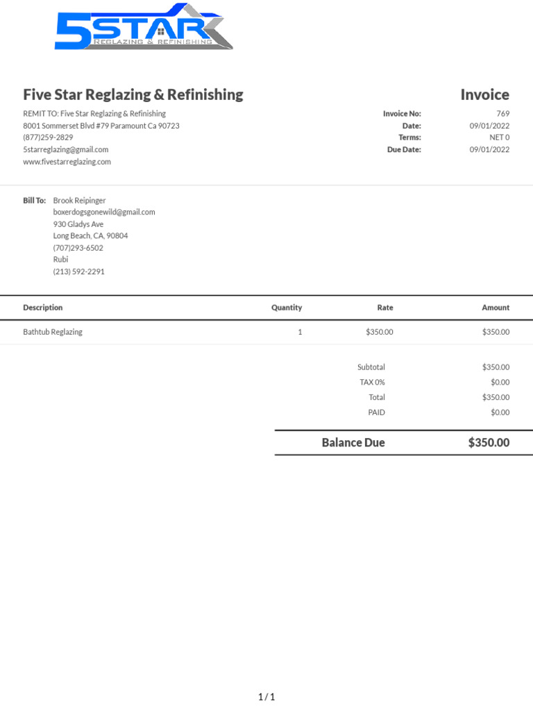 Bathtub Reglazing Invoice #769 | PDF