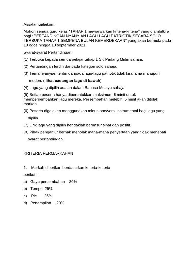 Syarat Pertandingan Nyanyian Solo Merdeka | PDF