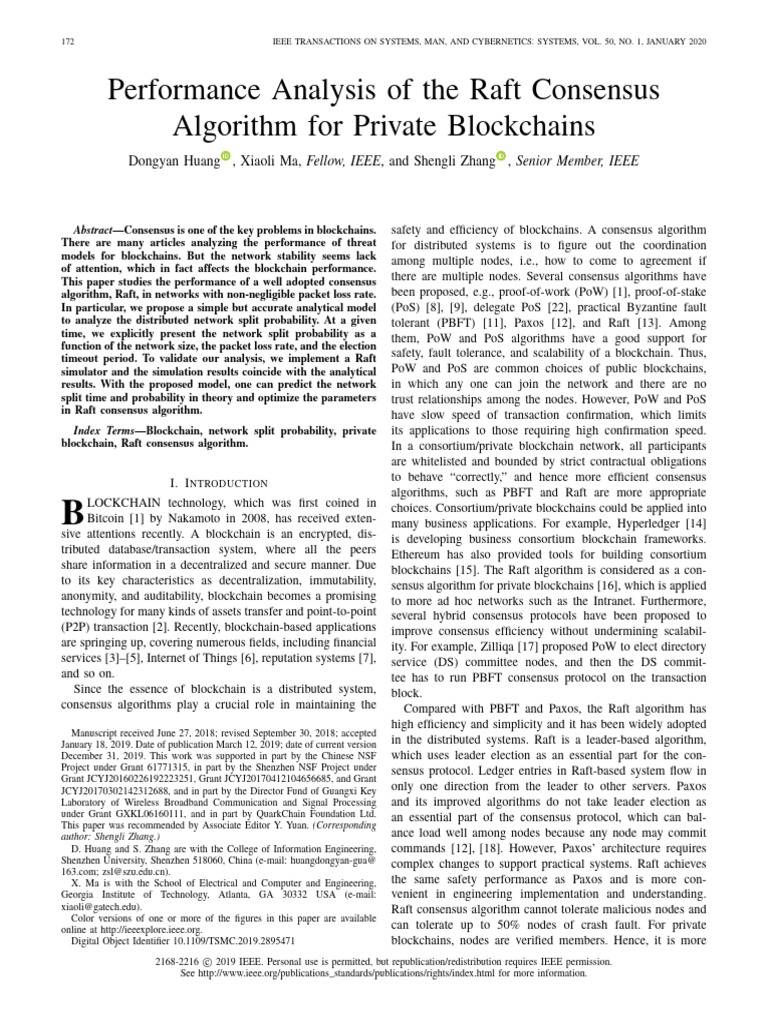 Performance Analysis of The Raft Consensus Algorithm For Private Blockchains | PDF | Markov ...