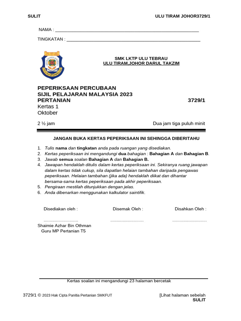 Soalan Percubaan Pertanian SPM 2023 | PDF