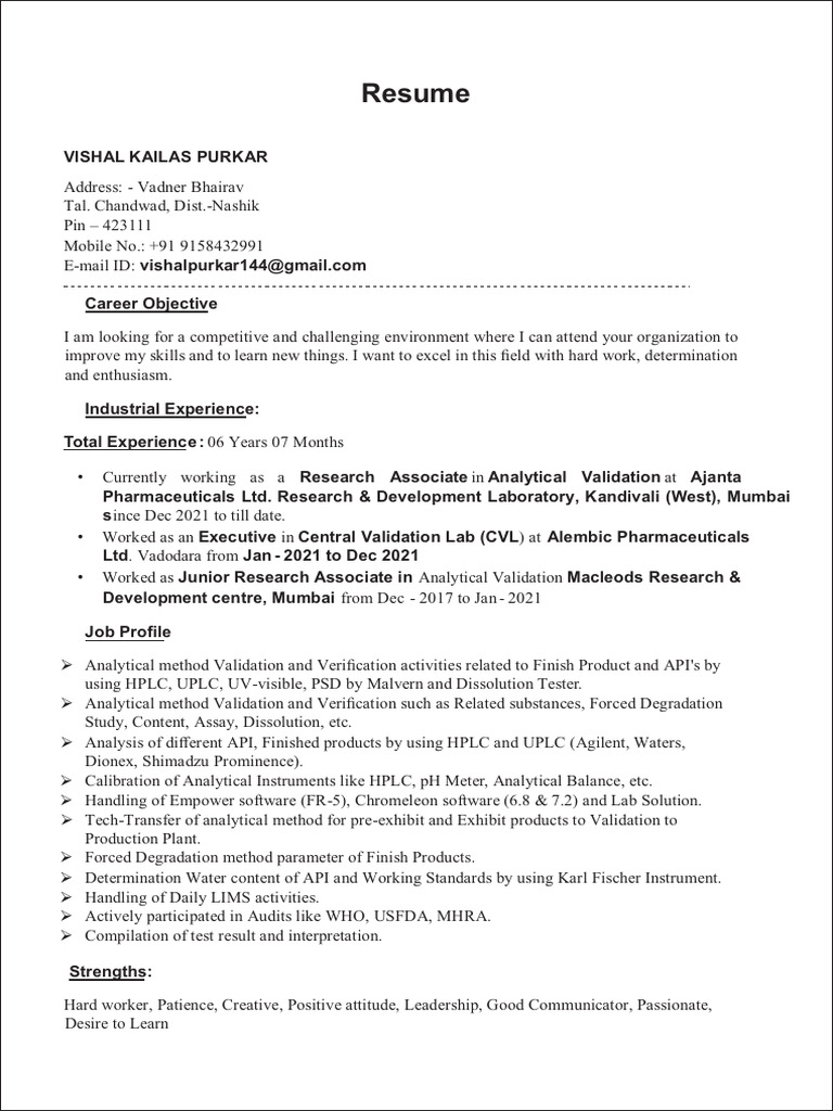 Vishal Resume | PDF | High Performance Liquid Chromatography