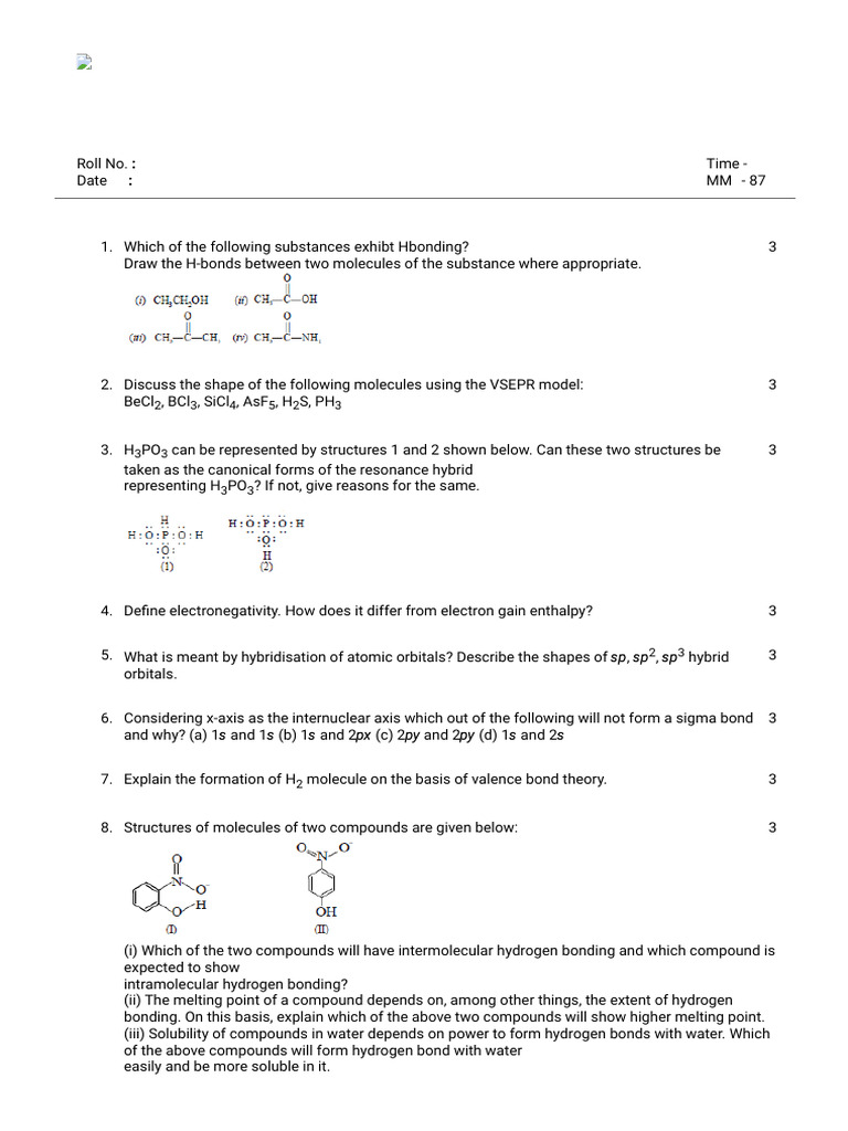 11th Chemistry Test Paper Redox and Goc | PDF | Chemical Bond ...