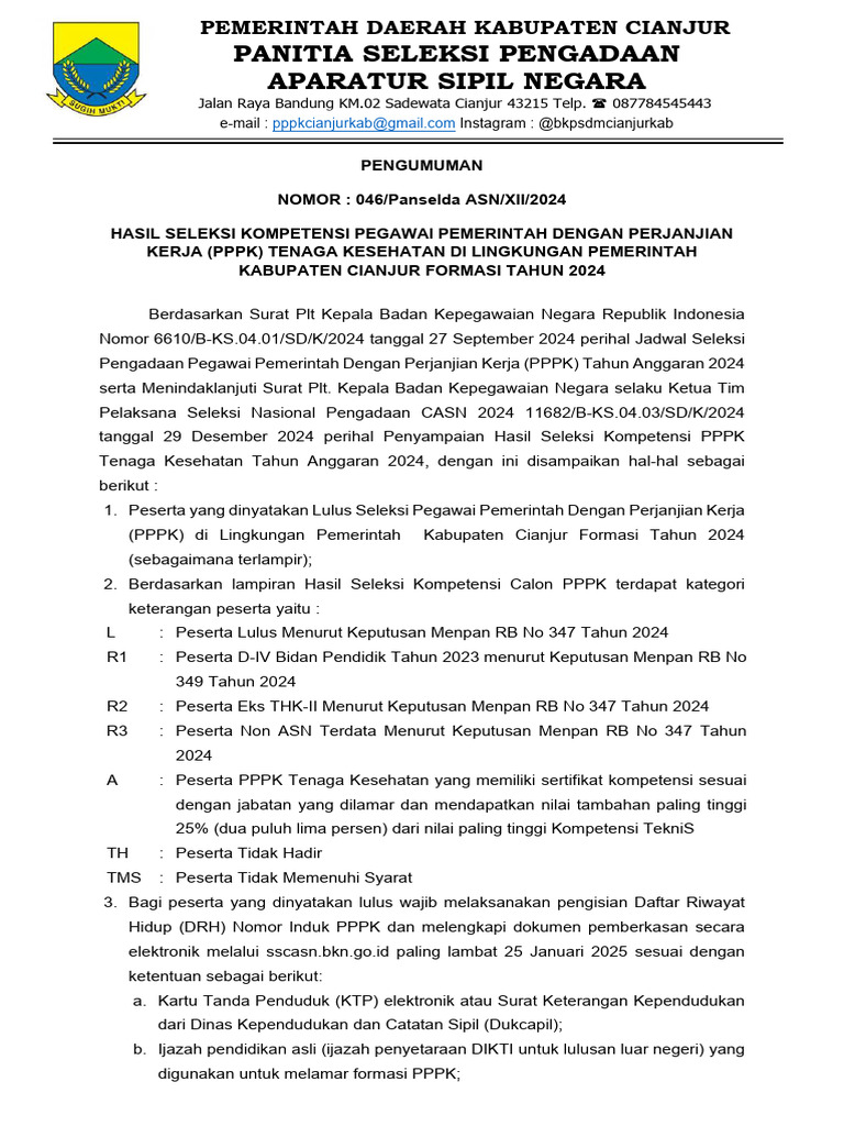 Pengumuman Hasil Seleksi Kompetensi PPPK Tahap 1 Nakes 2024 | PDF