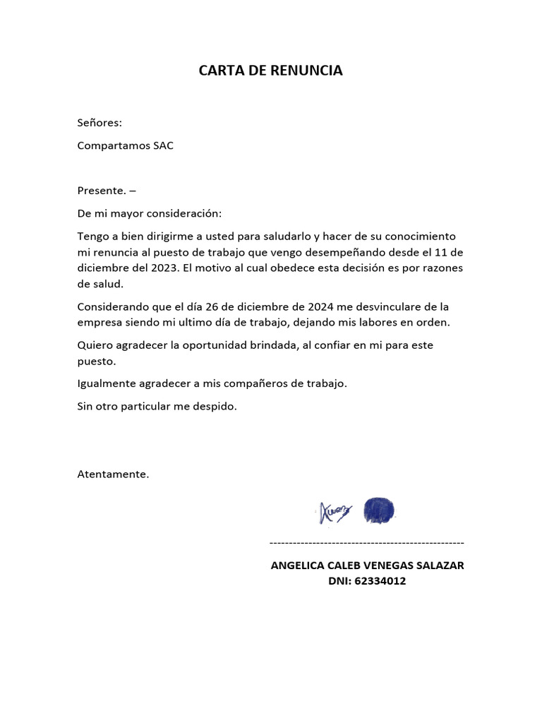 Renuncia por Salud de A. Caleb | PDF