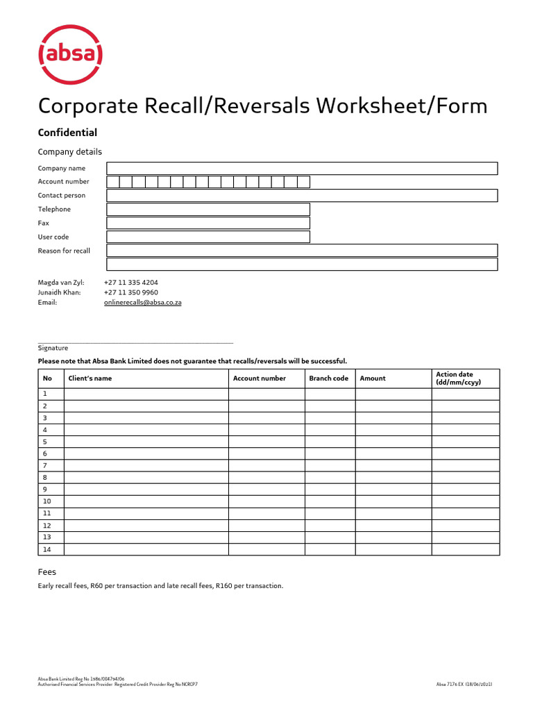 Recall Worksheet Absa 7176 Ex | PDF | Credit Card | Banks