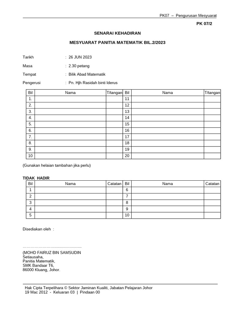PK 07-2 Senarai kehadiran MINIT 2 | PDF