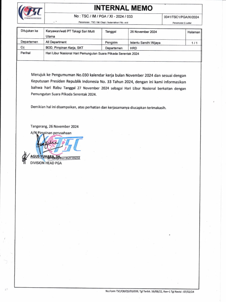 033. Pengumuman Hari Libur Nasional Pemungutan Suara Pilkada Serentak 2024 | PDF