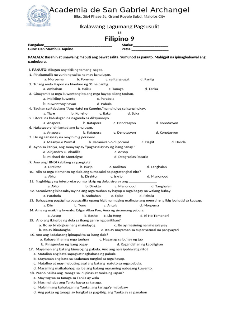 FIL 9 2nd QE Final | PDF