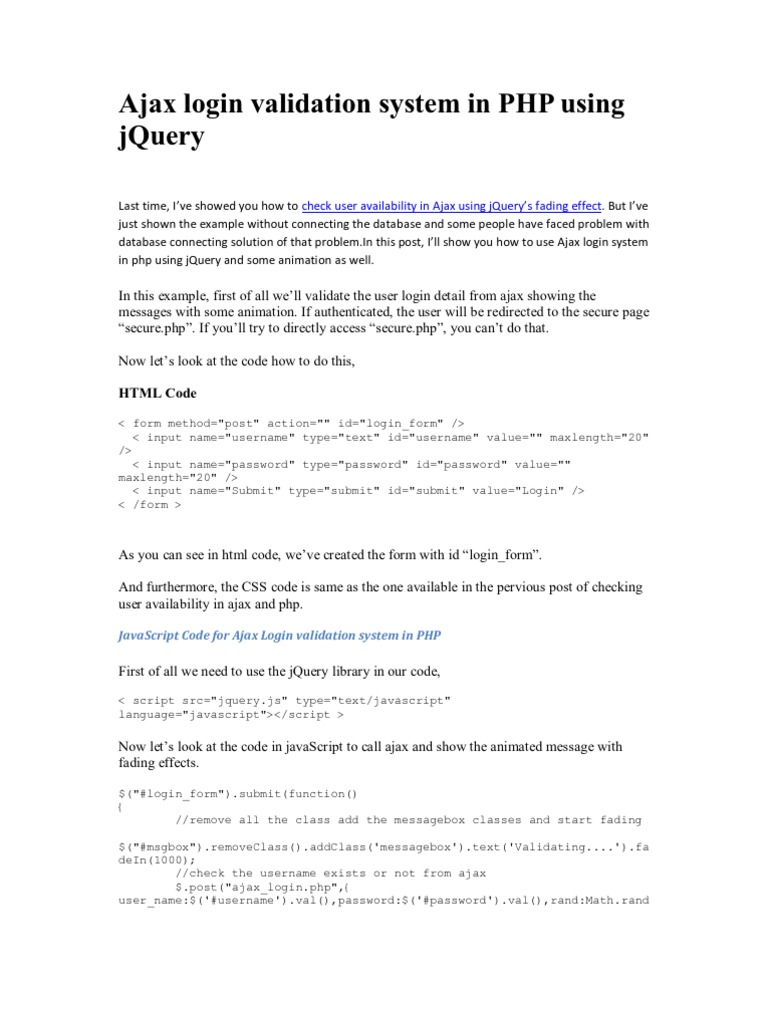Jquery And Php Ajax Login Validation System In Php Using Jquery Pdf 1090