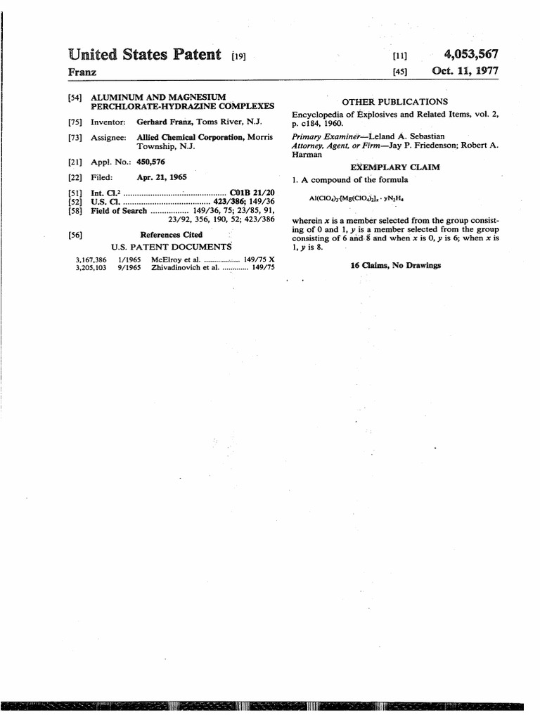 Aluminum and Magnesium Perchlorate-Hydrazine Complexes - US.Patent ...
