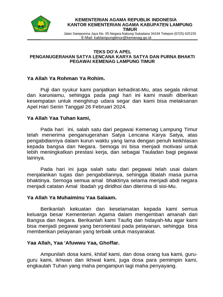 Teks Do'a Apel 26-02-2024 | PDF