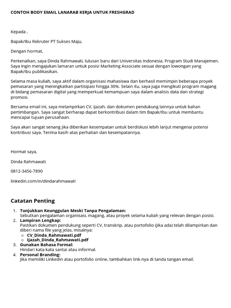 Contoh Body Email Lamaran Kerja | PDF