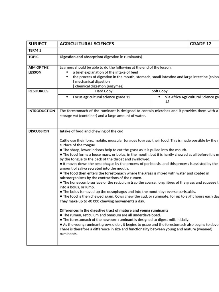 AGRI LESSON 5 grade 12 | PDF | Ruminant | Digestion