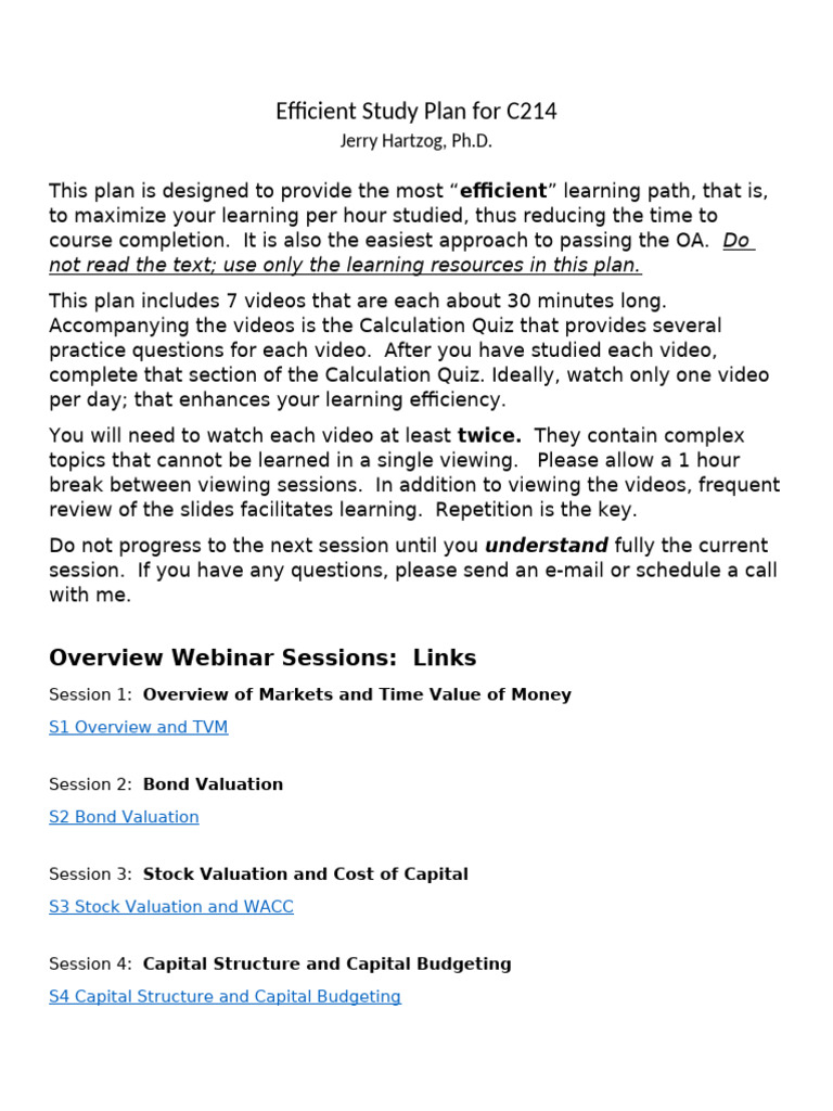 C214 EFFICIENT STUDY PLAN v2 | PDF | Valuation (Finance) | Investing