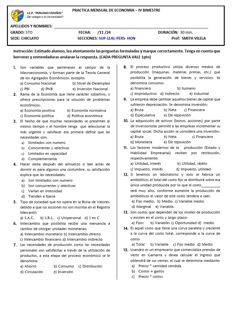 PRACTICA MENSUAL - IV BIM | PDF | Inversiones | Precios