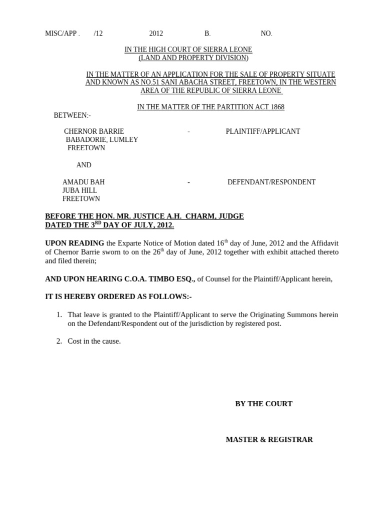 Chernor Barrie v. Amadu Bah Case Order | PDF | Legal Procedure | Common Law