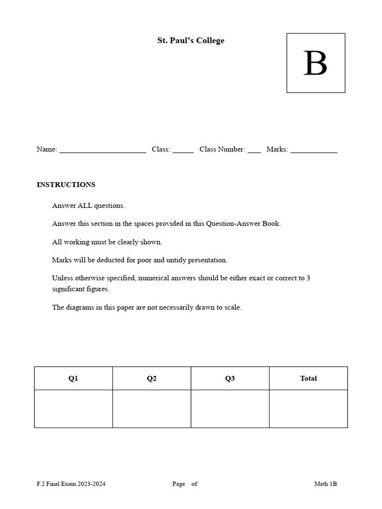 2324 F2 T2 Paper 1 Section BQAB | PDF | Area | Circle