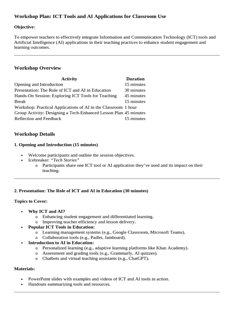 Workshop Plan-ICT | PDF | Educational Technology | Lesson Plan