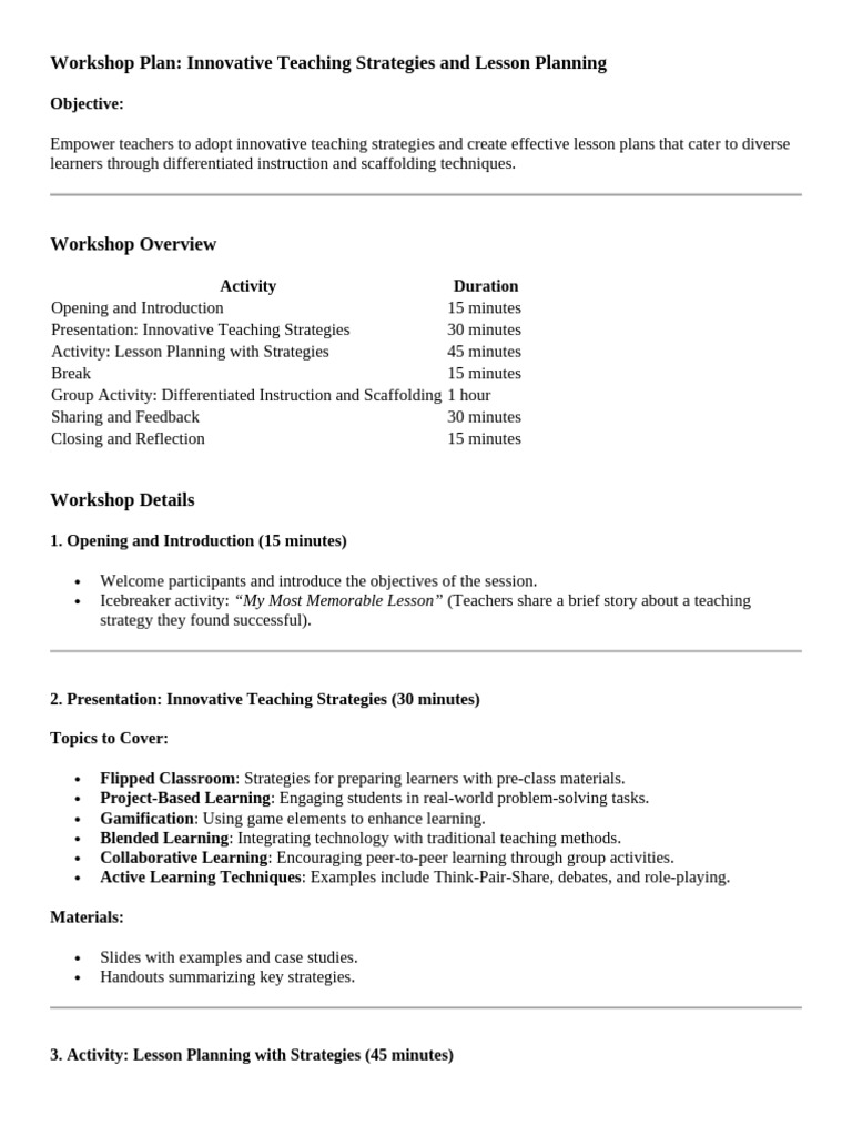 Workshop Plan-Innovative Treaching and Lanning | PDF | Differentiated ...