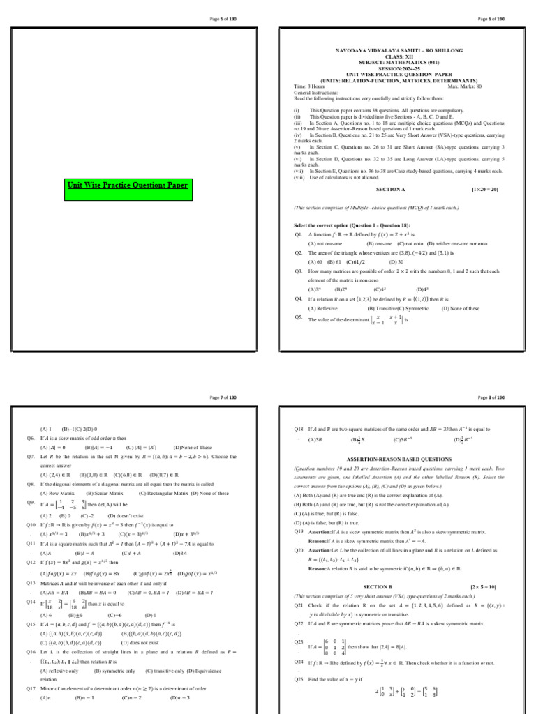 Chapterwise WS 24-25 | PDF | Matrix (Mathematics) | Determinant