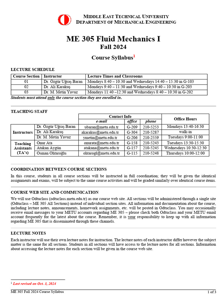 ME305-CourseSyllabus-F2024 | PDF | Fluid Dynamics | Applied And Interdisciplinary Physics