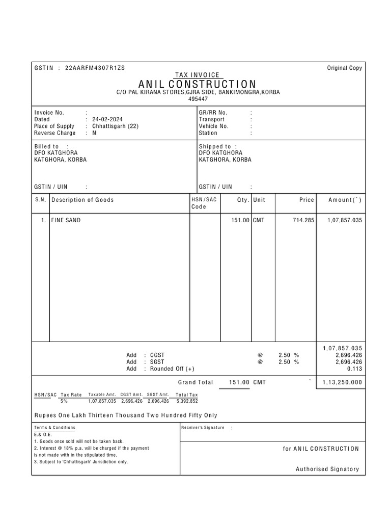 GST Tax Invoice for Fine Sand Supply | PDF | Sales | Government