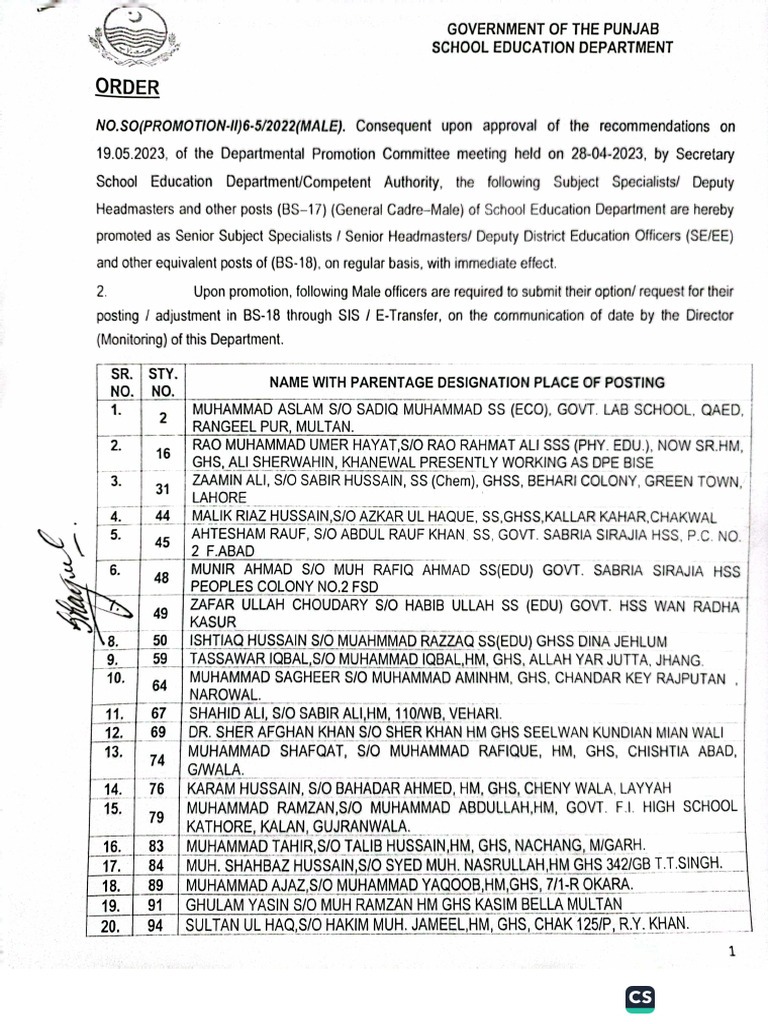 Promotion Notification BS-17 To BS-18 Male | PDF