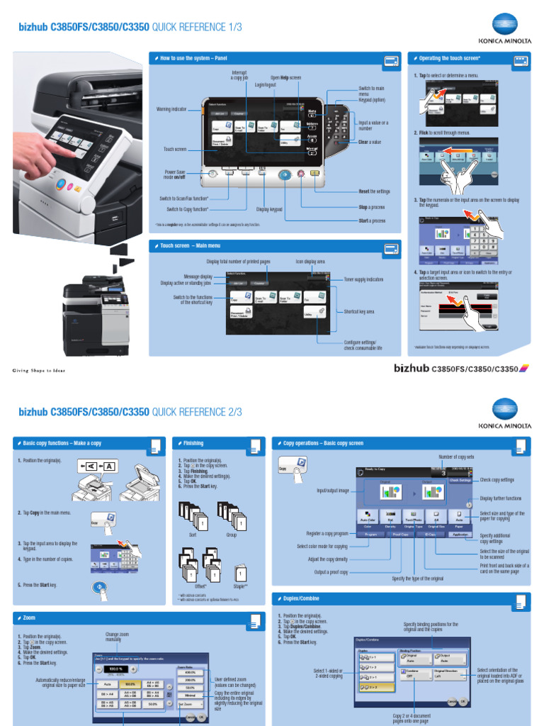 Bizhub c3850fs c3850 c3350 - Quick Reference - en - 1 0 0 | PDF | Menu (Computing) | Touchscreen